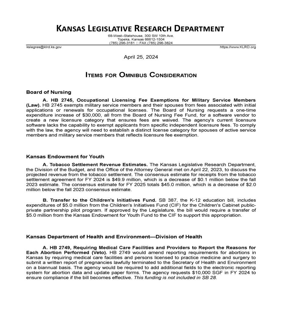 Omnibus Memo – April 25, 2024 – KLRD